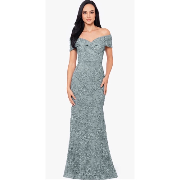 Xscape | Dresses | Xscape Jill Off The Shoulder Long Lace Maxi Dress Gown With Sequin | Poshmark